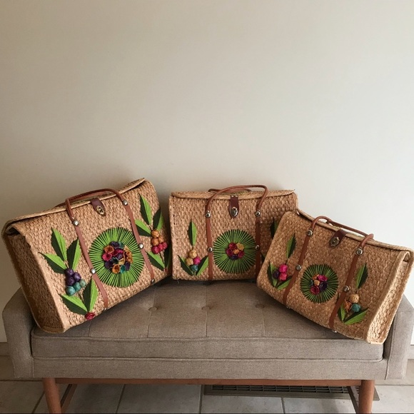 Vintage | Bags | Vintage 97s Straw Wicker 3piece Tote Set Embroidery ...